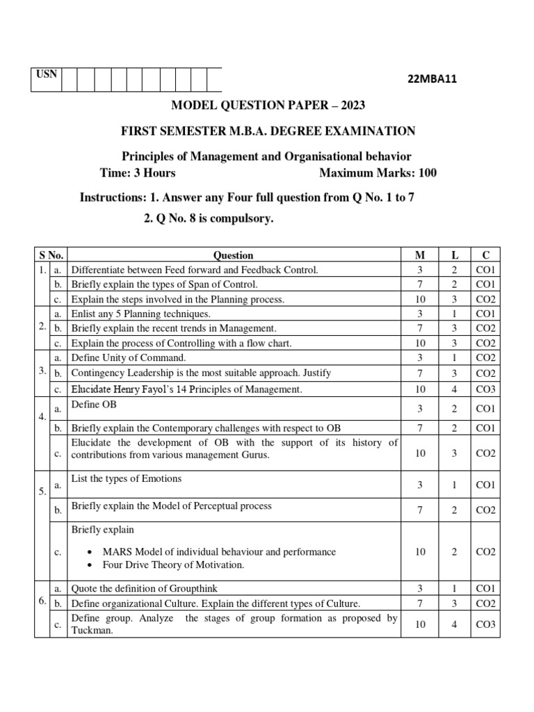 Model Question Papers_First Semester MBA _all (1) | Download Free PDF ...