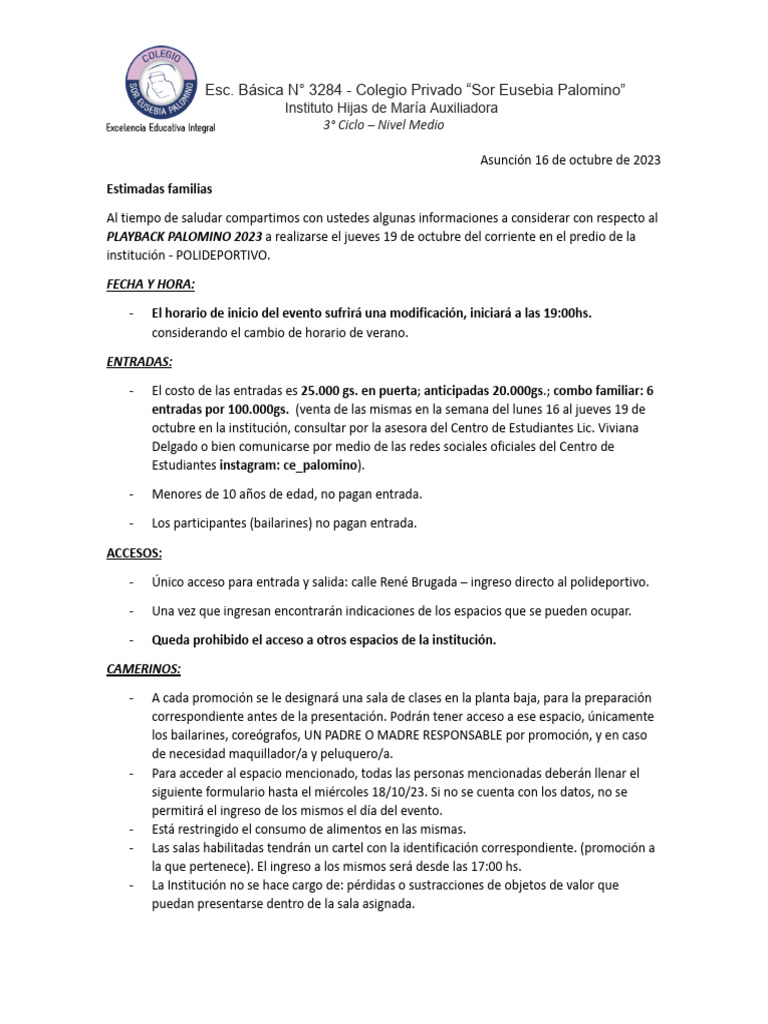 COMUNICADO - Informaciones Importantes PLAYBACK 2023 | PDF