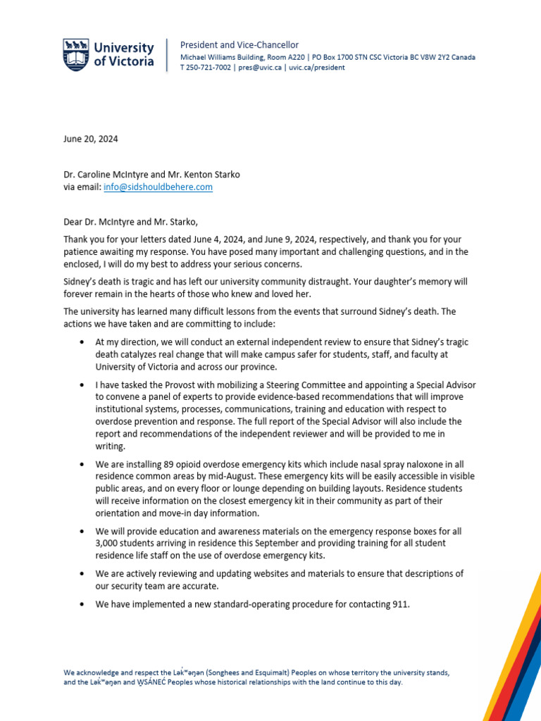 Letter From UVic's Kevin Hall To Dr. Caroline McIntyre and Mr. Kenton ...
