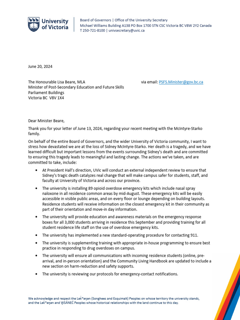Letter From UVic's Paul Ramsey To Minister Lisa Beare | PDF