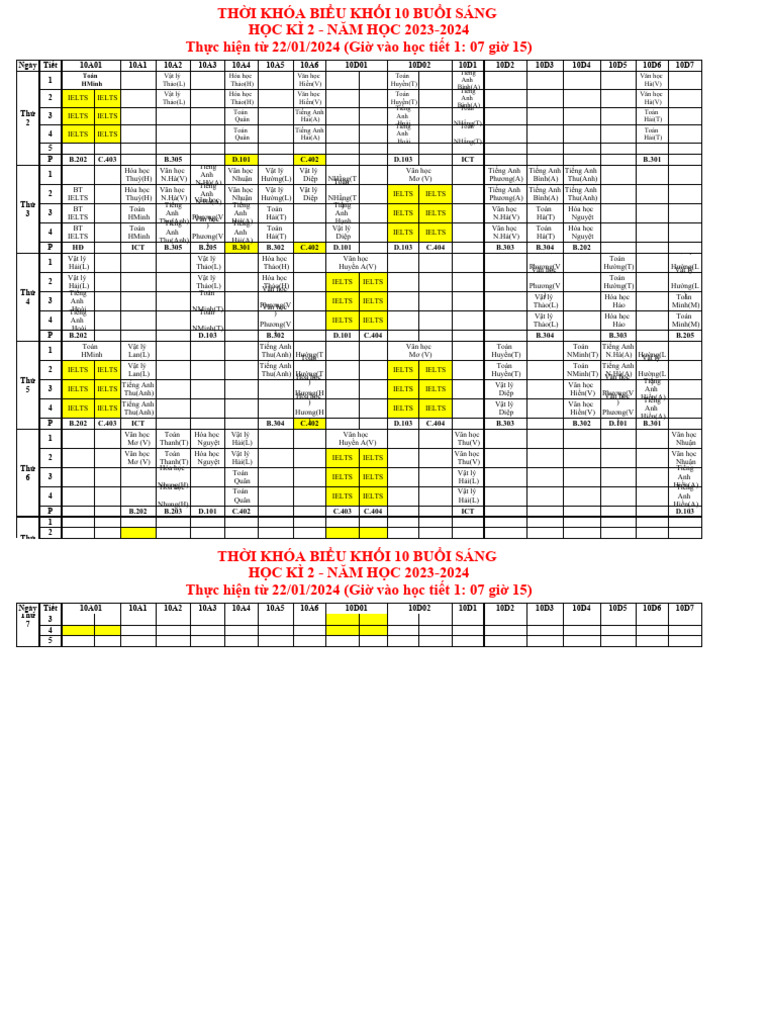 26.01.TKB HỌC KỲ II NĂM HỌC 2023-2024 (22.1.2024) | PDF
