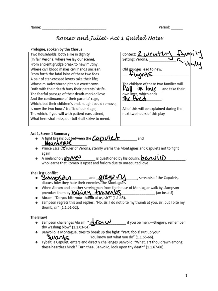 Romeo and Juliet-Act 1 Guided Notes: Prologue, Spoken by The Chorus ...