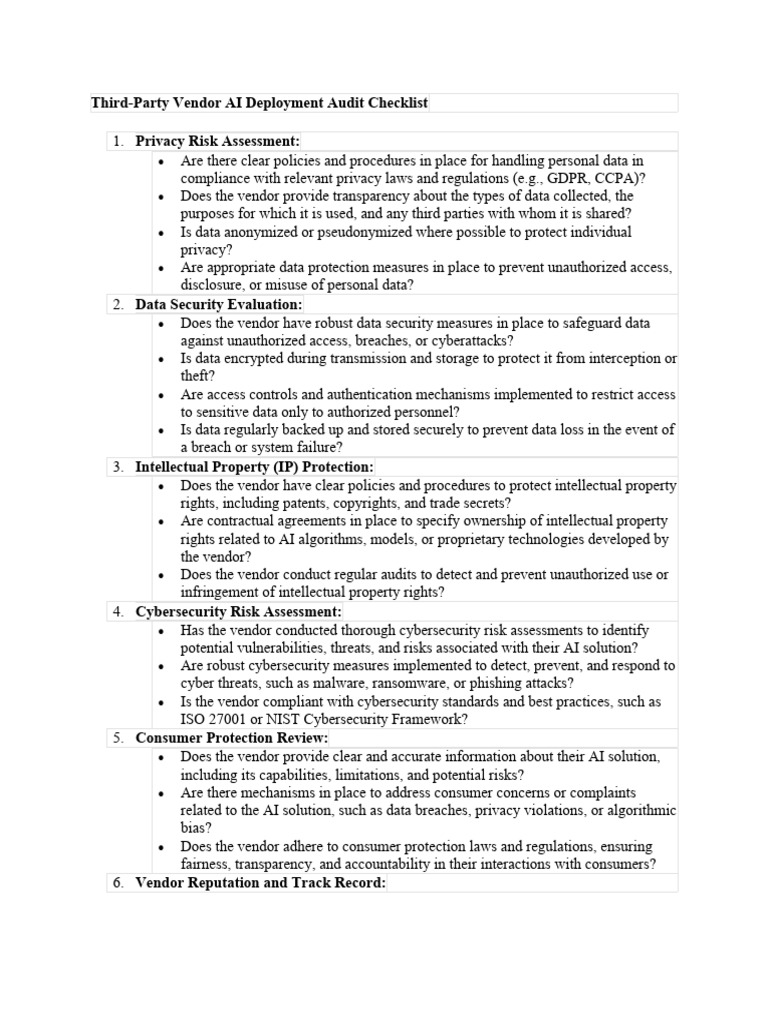 Third-Party Audit Checklist For Assessing AI Risk | PDF | Security ...