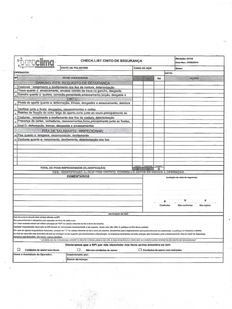 Check List Cinto de Segurança - Paraclima | PDF