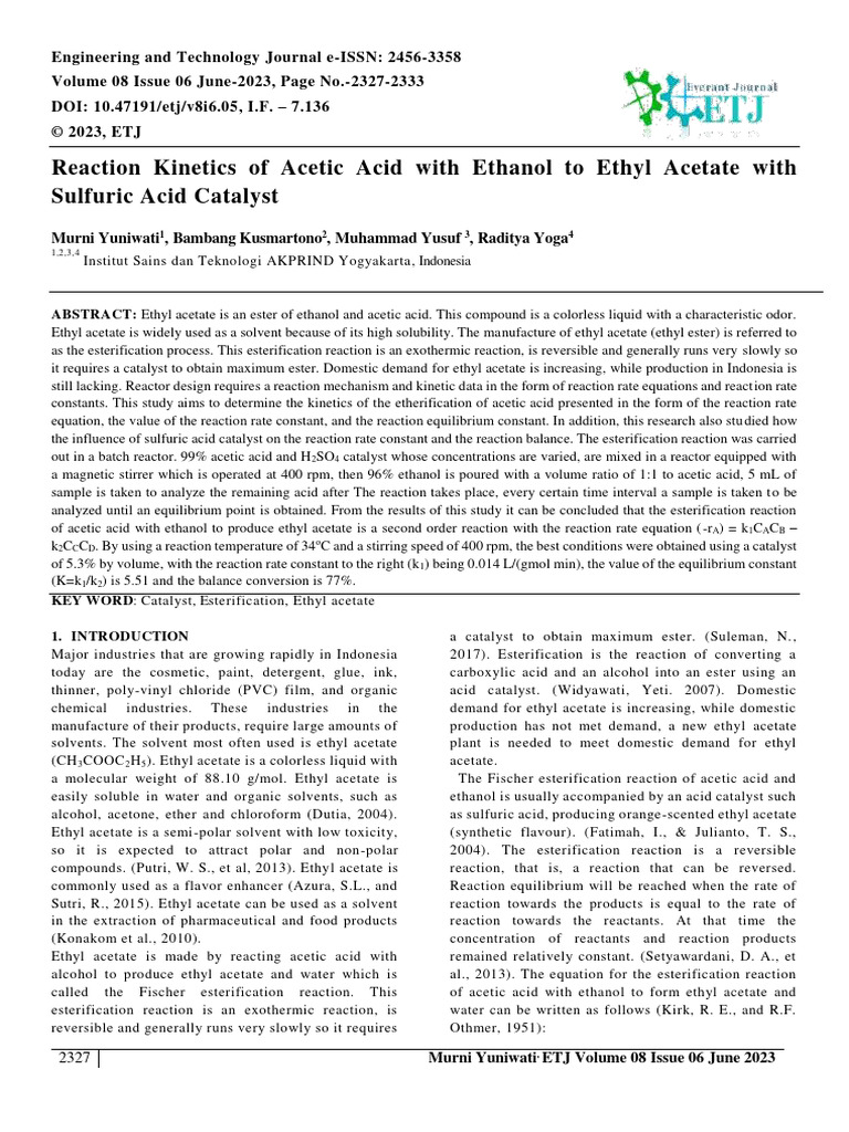Reaction Kinetics of Acetic Acid With Ethanol To Ethyl Acetate With ...