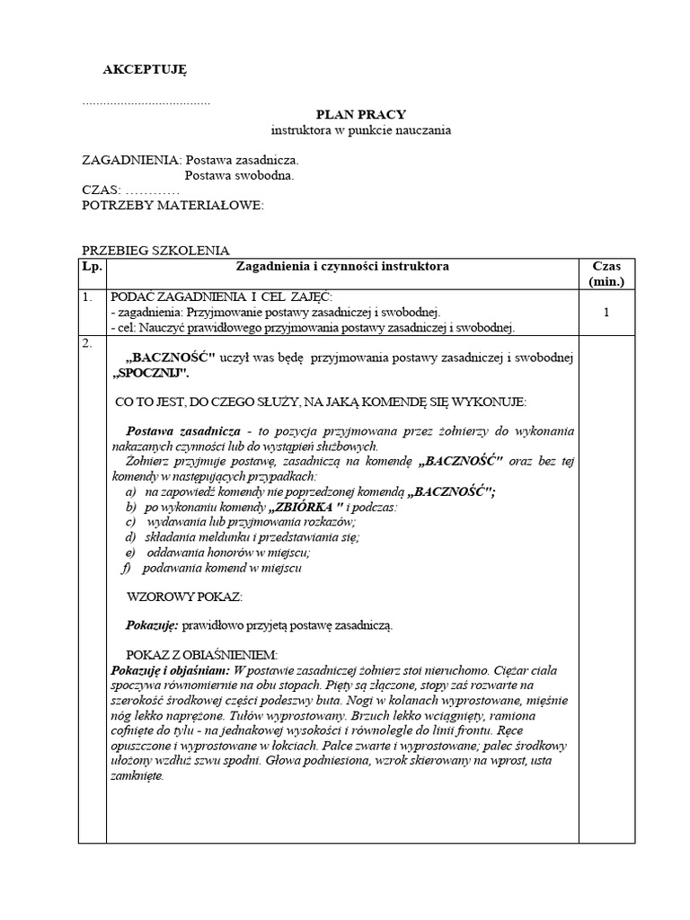 Plan Pracy Postawa Zasadnicz I Swobodna | PDF