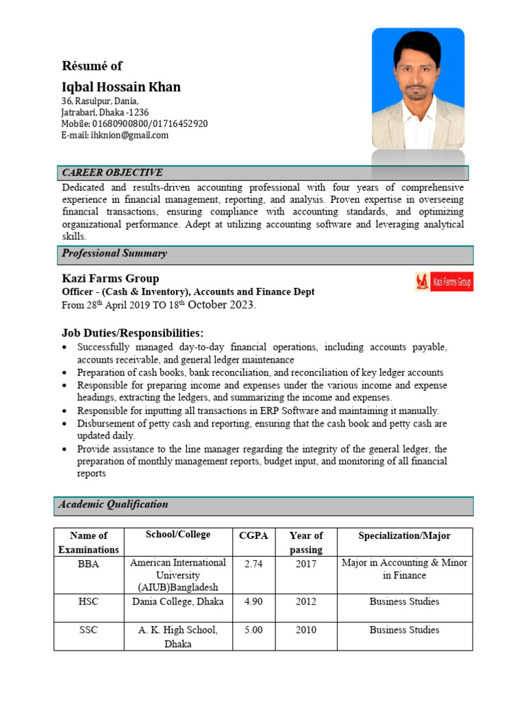 Iqbal Hossain Khan CV Final | PDF | Accounting | Expense