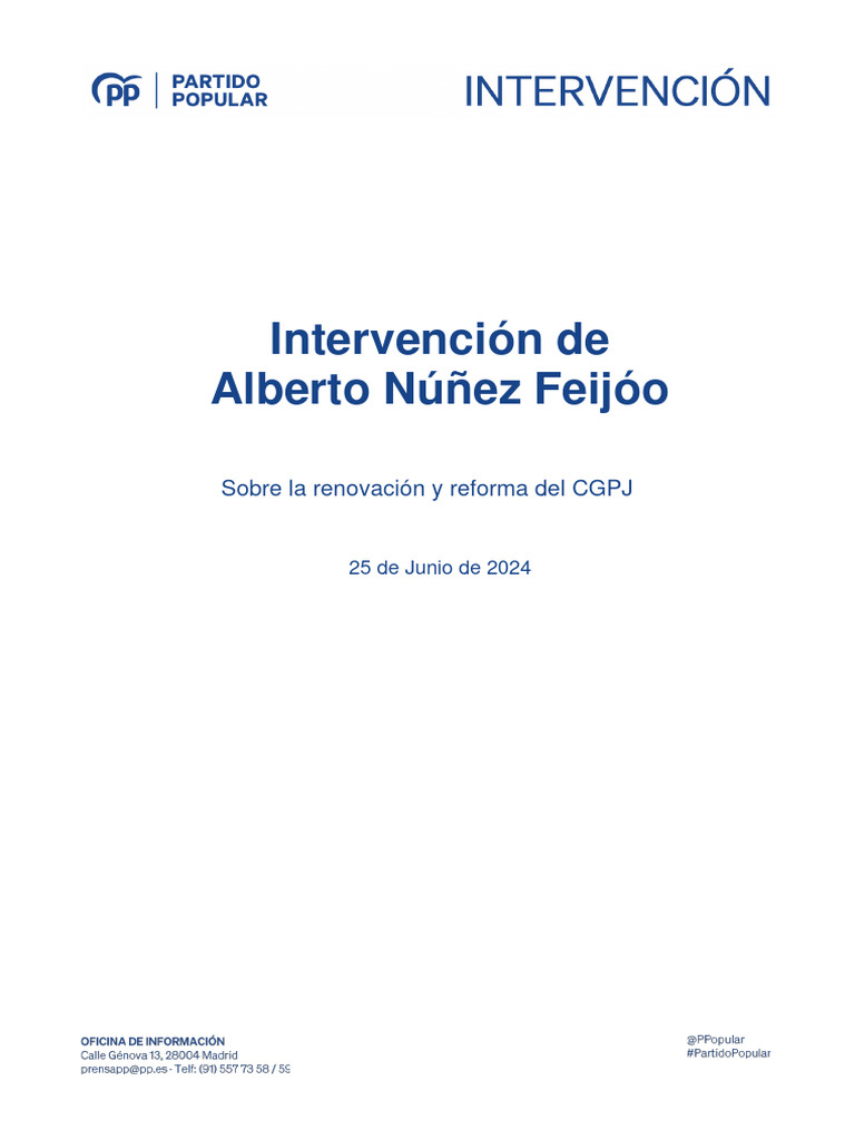 Intervención Alberto Núñez Feijóo Acuerdo Renovación CGPJ | PDF | Justicia | Crimen y violencia