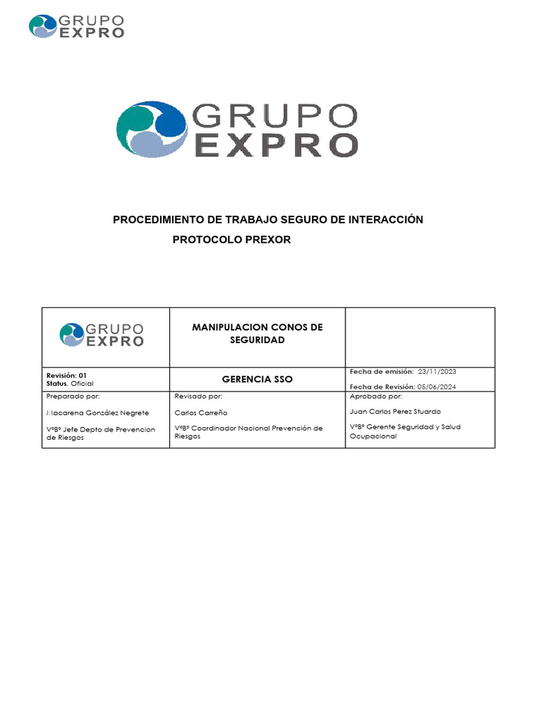 Procedimiento de trabajo seguro, protocolo prexor 2024 | Descargar ...