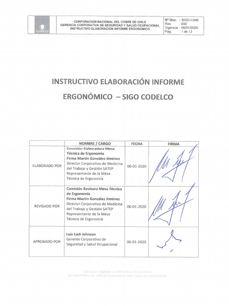 SIGO-I-046 Instructivo Elaboración Informe Ergonómico - SIGO Codelco | PDF