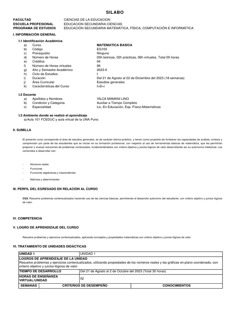 Silabo Matematica Basica | PDF | Determinante | Matriz (Matemáticas)