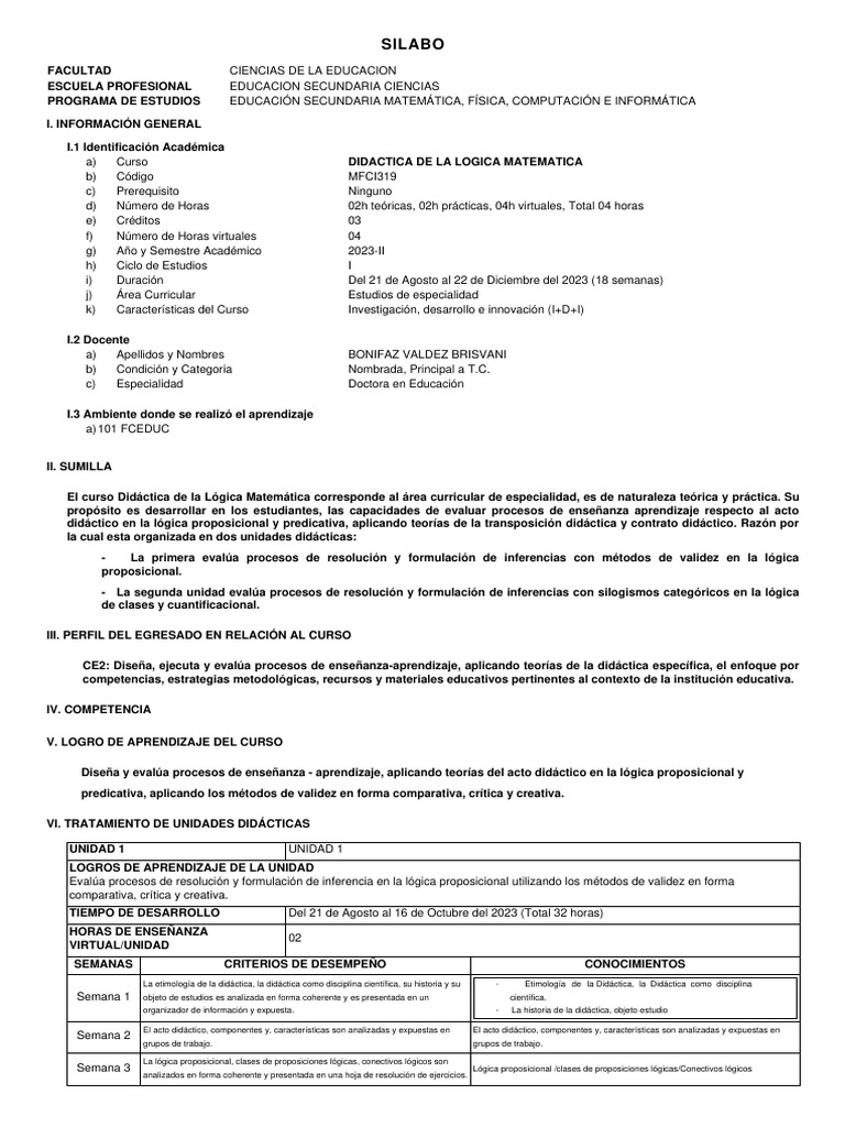Silabo de Didactica de La Logica Matematica | PDF | Proposición | Lógica