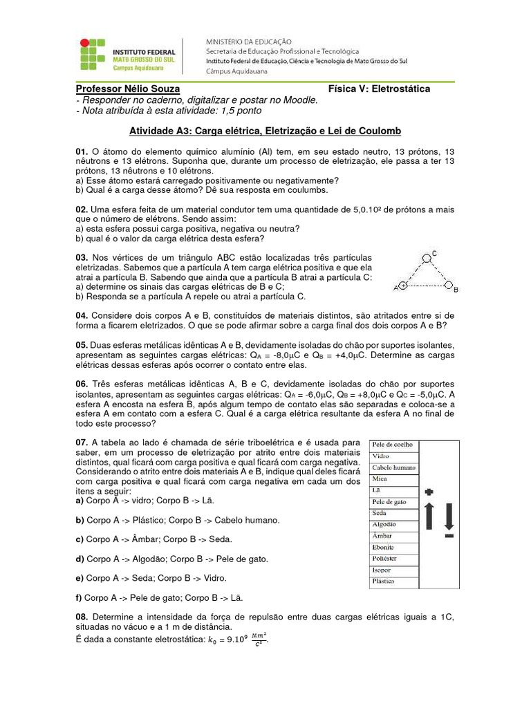 atividade A3 - carga eletrica e lei de coulomb | PDF | Carga elétrica ...