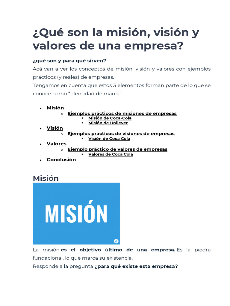 Misión, Visión y Valores de Coca-Cola | PDF | Business | Coca Cola