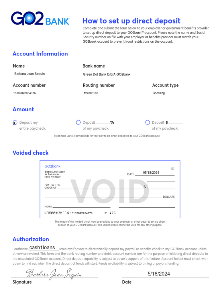 Barbara GO2bank Direct Deposit Form | PDF | Paycheck | Cheque