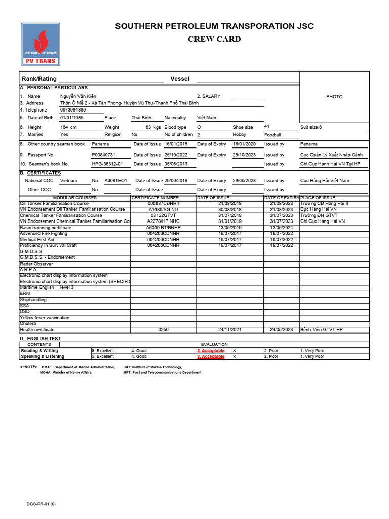 FORM Crew card_SPT | Download Free PDF | Water Transport | Shipping