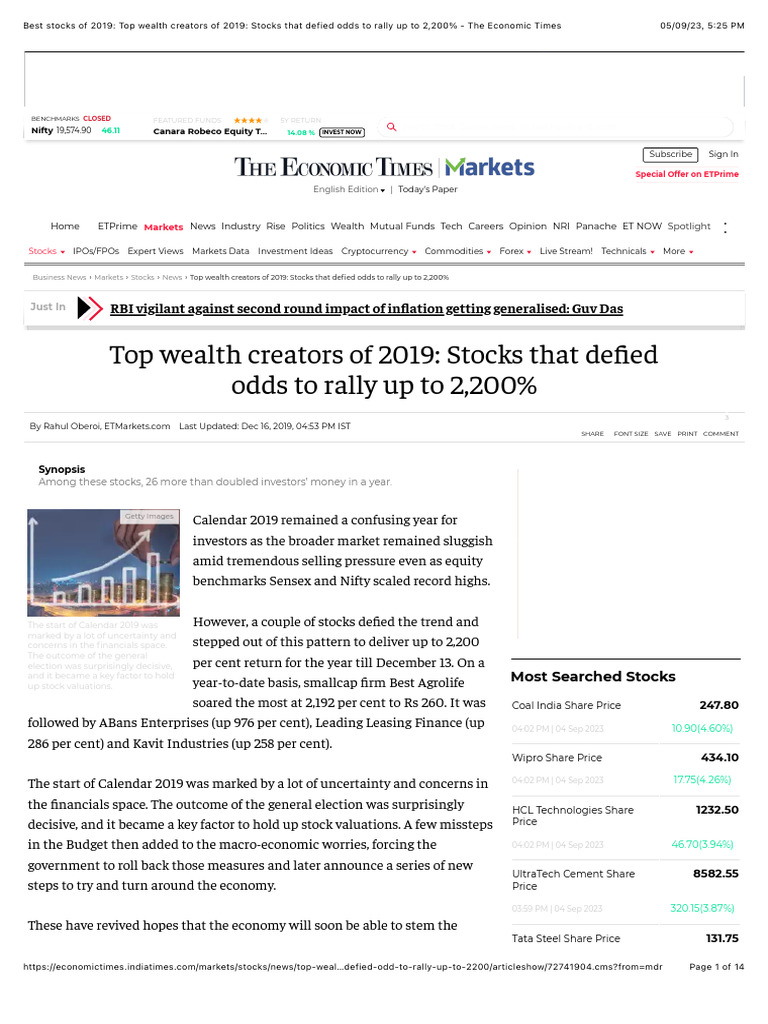 Top Wealth Creators of 2019: Stocks Soaring 2200% | PDF | University ...