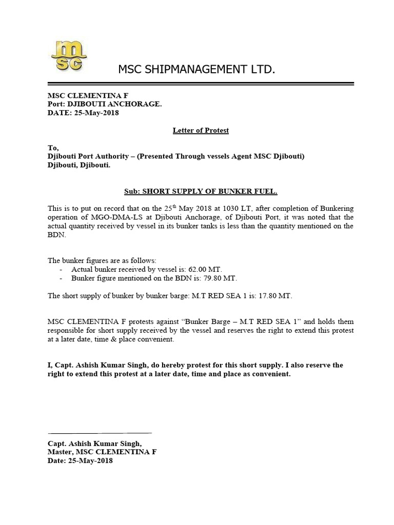 Protest Letter For Bunker at Djibouti Anchorage | PDF | Business