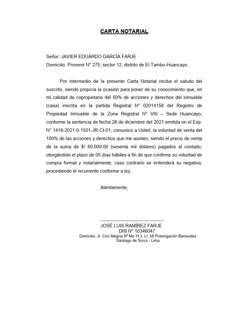 CARTA NOTARIAL Don Jose | PDF