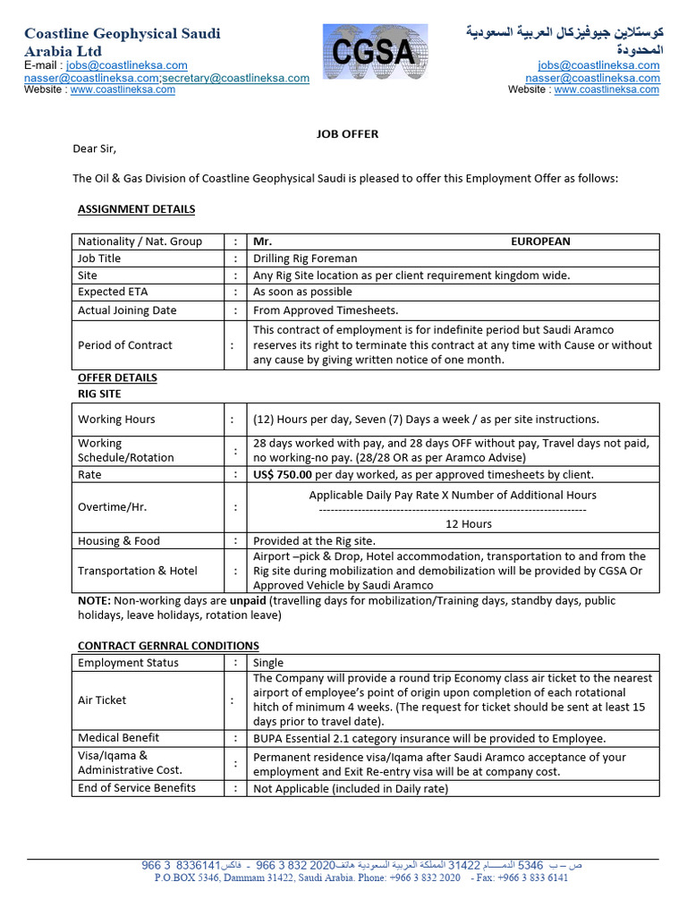 Rig Foreman - Job Offer - European | PDF | Employment | Travel Visa