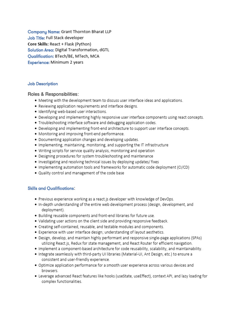 Full Stack React Flask Job De Pdf Information Technology Computer Programming
