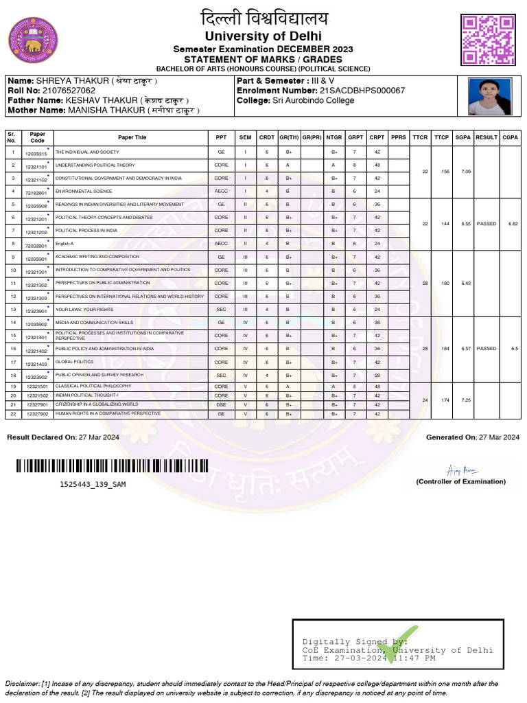 5th Sem Marksheet | PDF