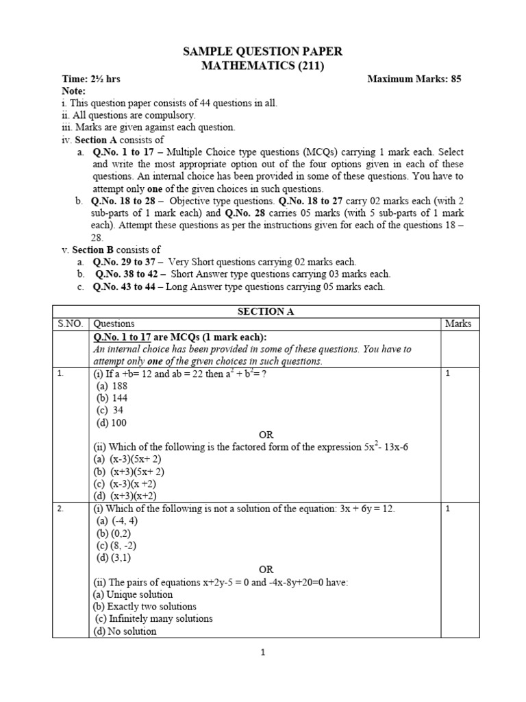Sample Question Paper Mathematics | PDF | Circle | Angle