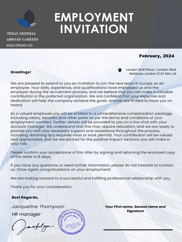 Employment Invitation Letter | PDF | Employment | Workplace