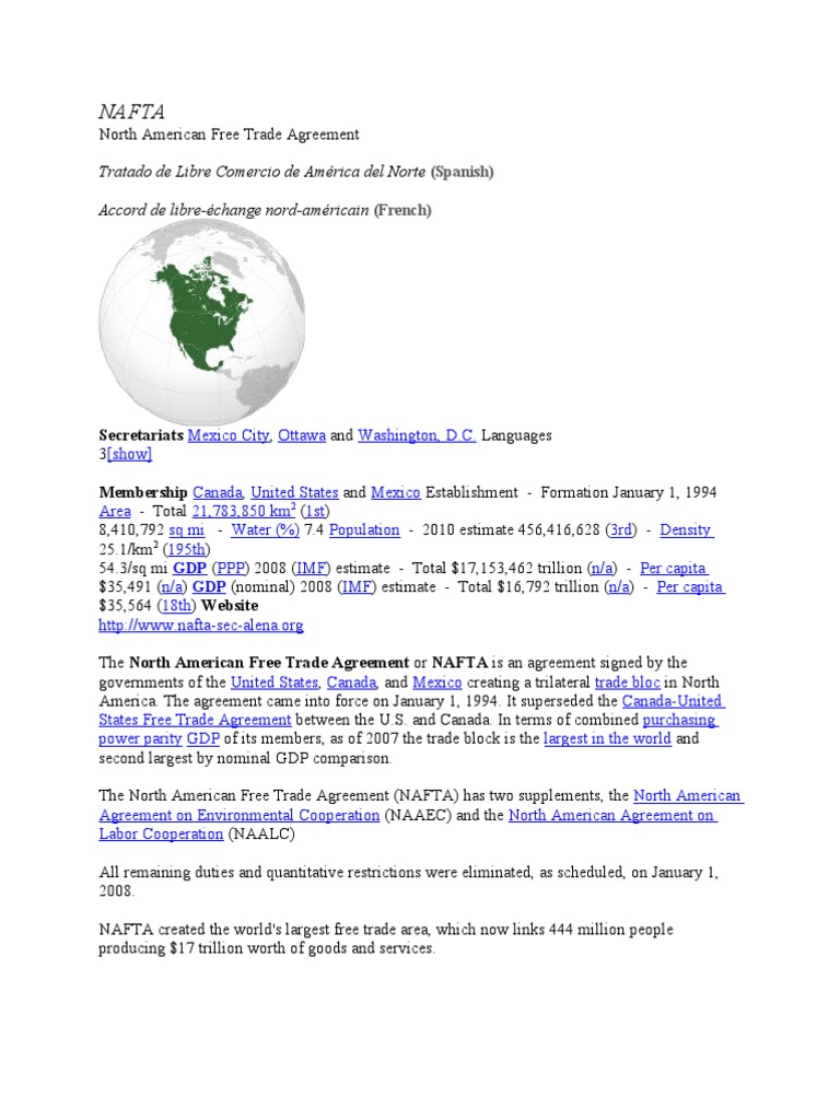 Nafta: Tratado de Libre Comercio de América Del Norte Accord de Libre ...