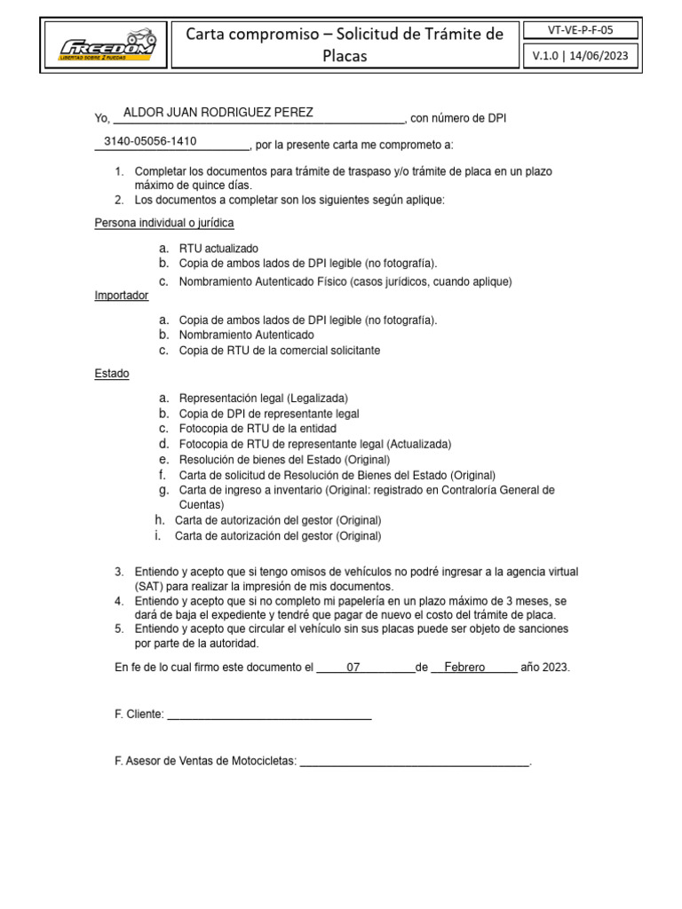 Carta Compromiso para Trámite de Placas | PDF