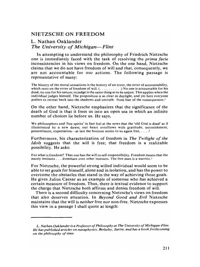 Oaklander Nietzsche On Freedom | PDF | Free Will | Friedrich Nietzsche