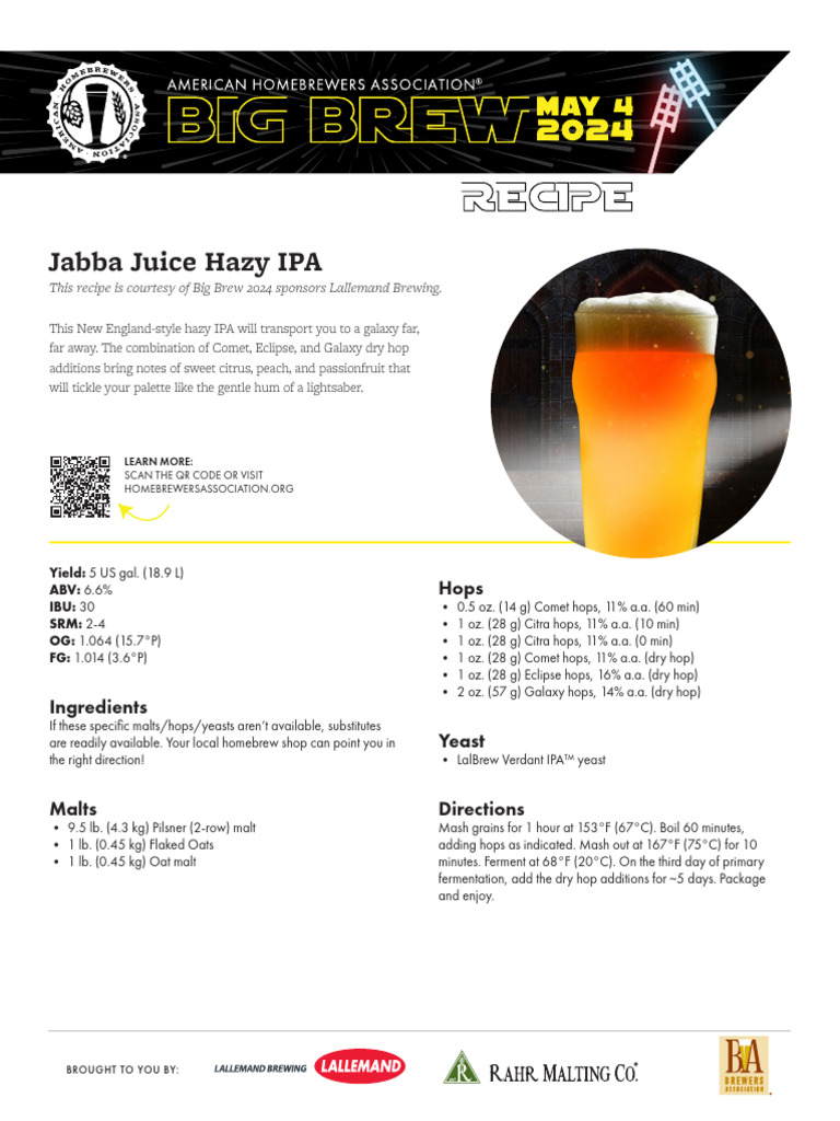 AHA BigBrew24 Homebrew Recipe - Jabba Juice Hazy IPA | PDF