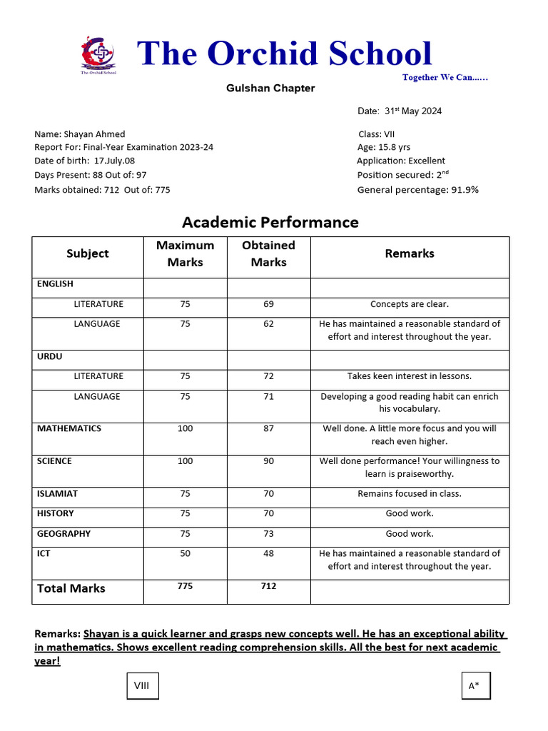 Final Term 2024 REPORT CARD Grade 7 | PDF | Educational Technology ...