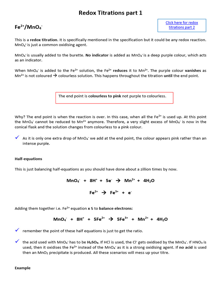 Redox Titrations Part 1 AQA | PDF | Titration | Chemistry