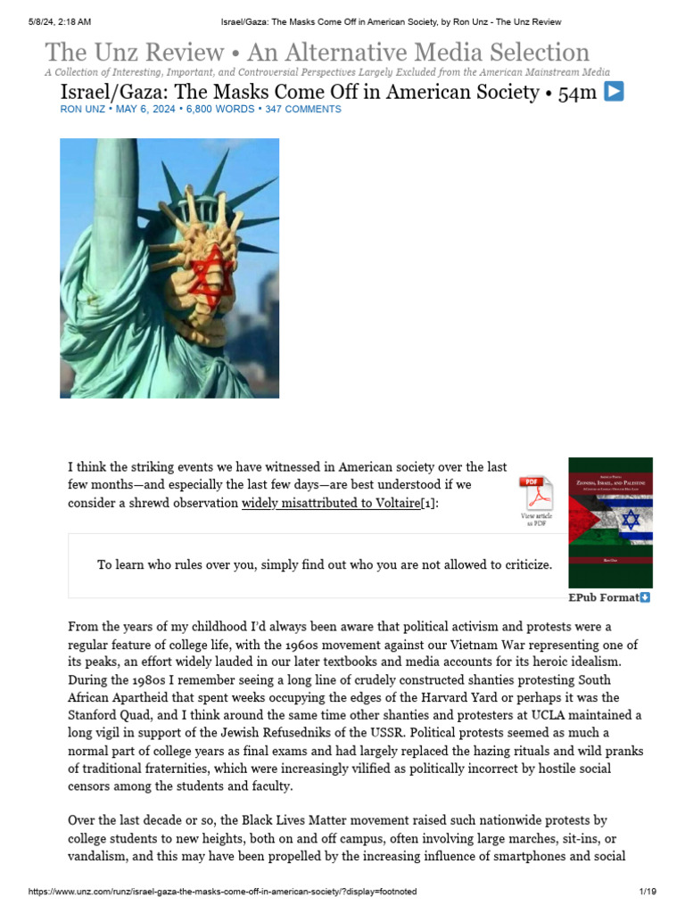 Ron Unz Israel Gaza The Masks Come Off in American Society | PDF ...