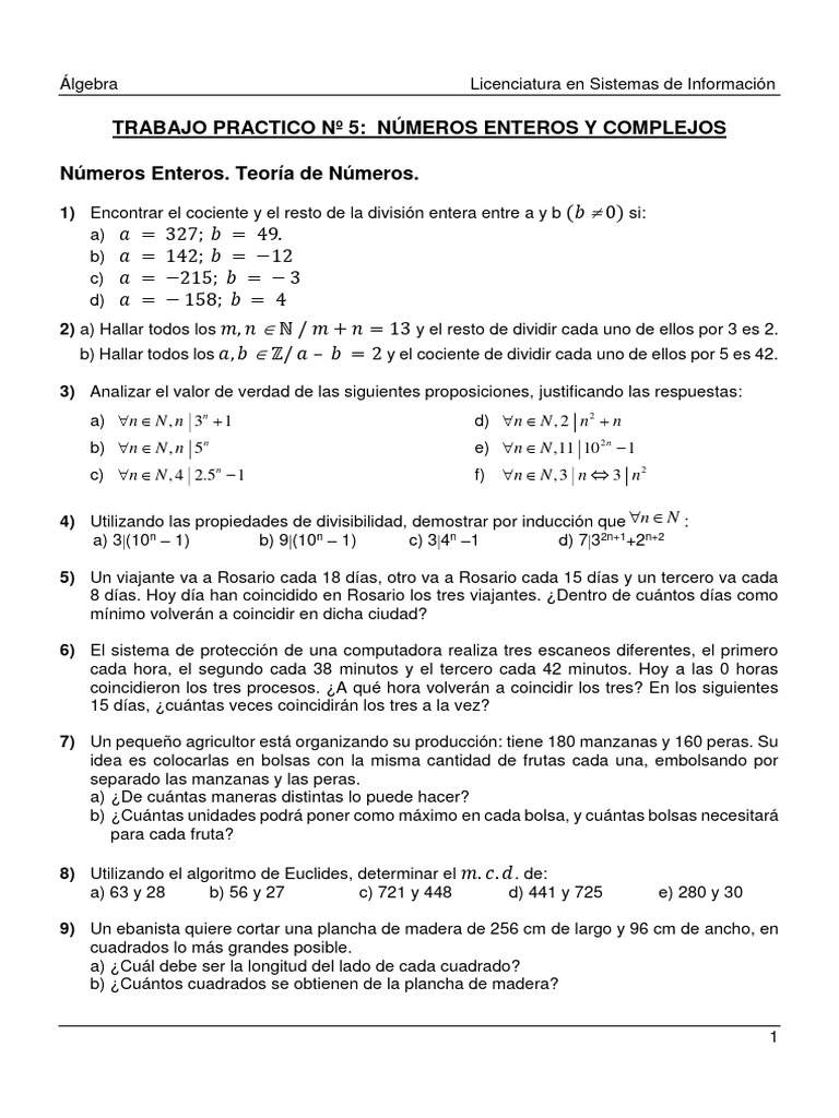 tp5 Numeros Entereos y Complejos Practico | PDF | División (Matemáticas) | Número complejo