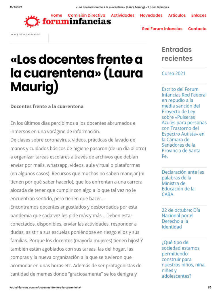 Los Docentes Frente A La Cuarentena (Laura Maurig) - Forum Infancias | PDF