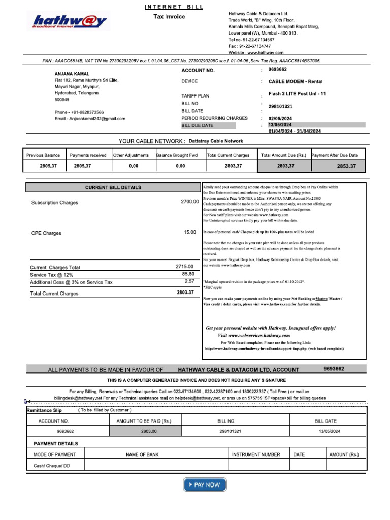 Internet Bill Apr | PDF