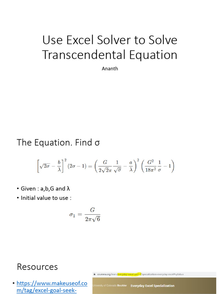 Excel Solver Transcendental Equation | PDF