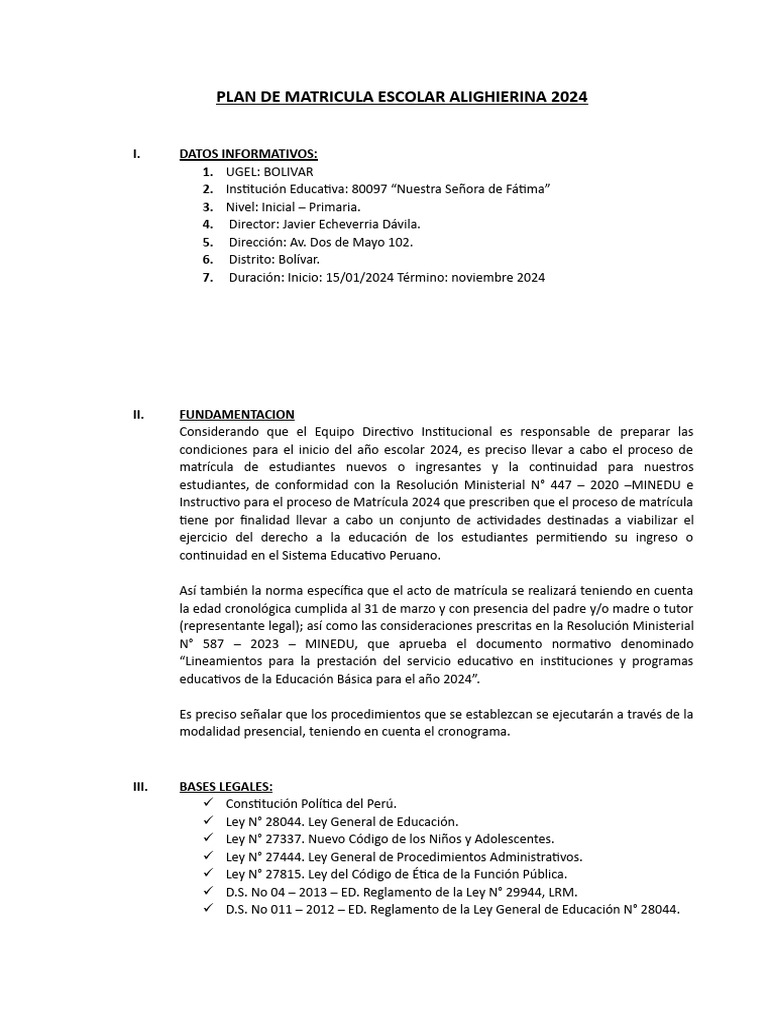 Plan de Matricula Escolar 2024 | PDF | Educación primaria