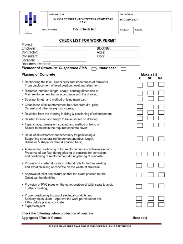 SC CASD CL 016 Placing of Concrete For Suspended Slab Checklist | PDF ...