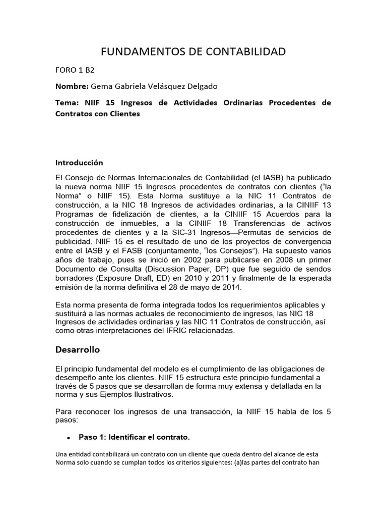 Foro 1 B2 Niif 15 | PDF | normas internacionales de INFORMACION FINANCIERA | Precios