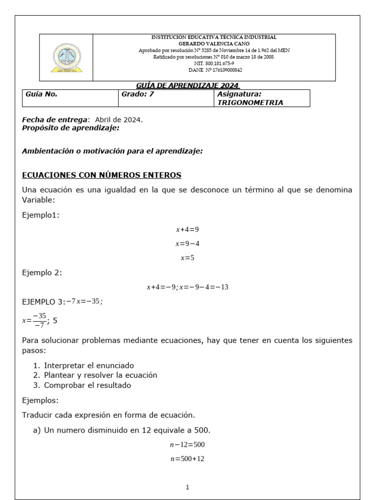 Grado 7 Guía Ecuaciones En Numeros Enteros 2024 Pdf Ecuaciones