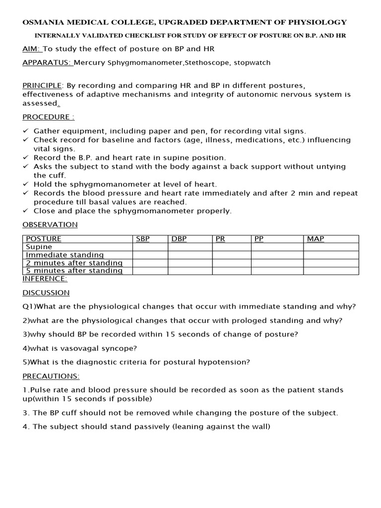 Checklist For Effect of Posture and Exercise On BP and HR | PDF | Blood ...