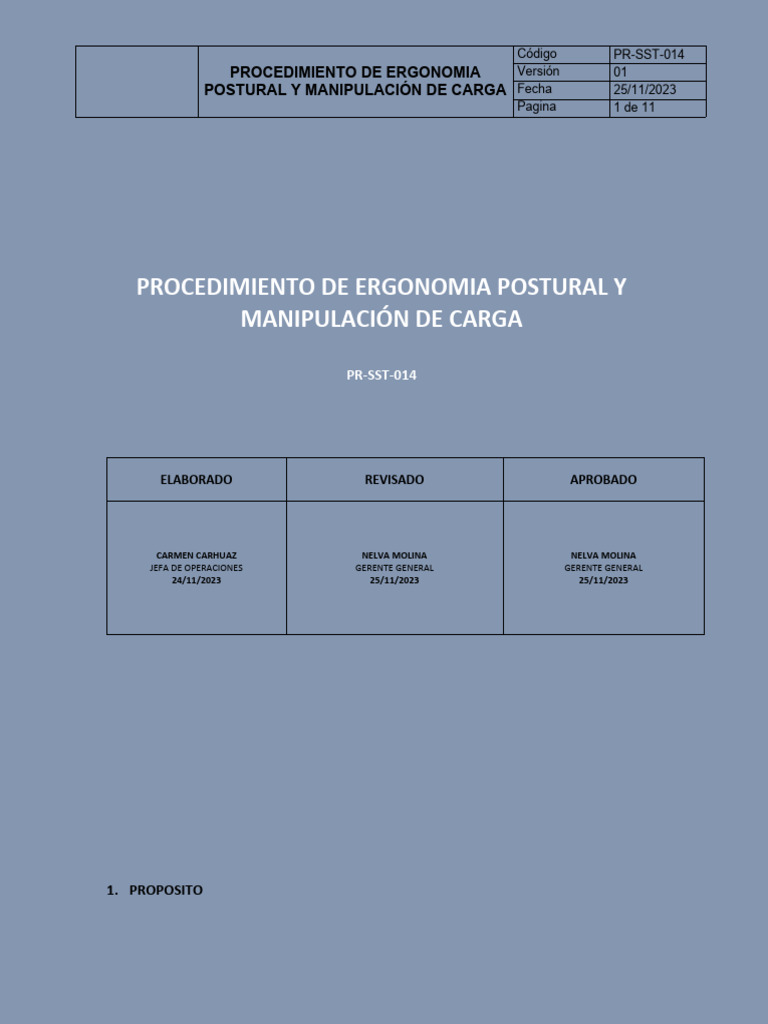 PR-SST-005 Procedimiento de Ergonomia Postural y Manipulación de Carga ...
