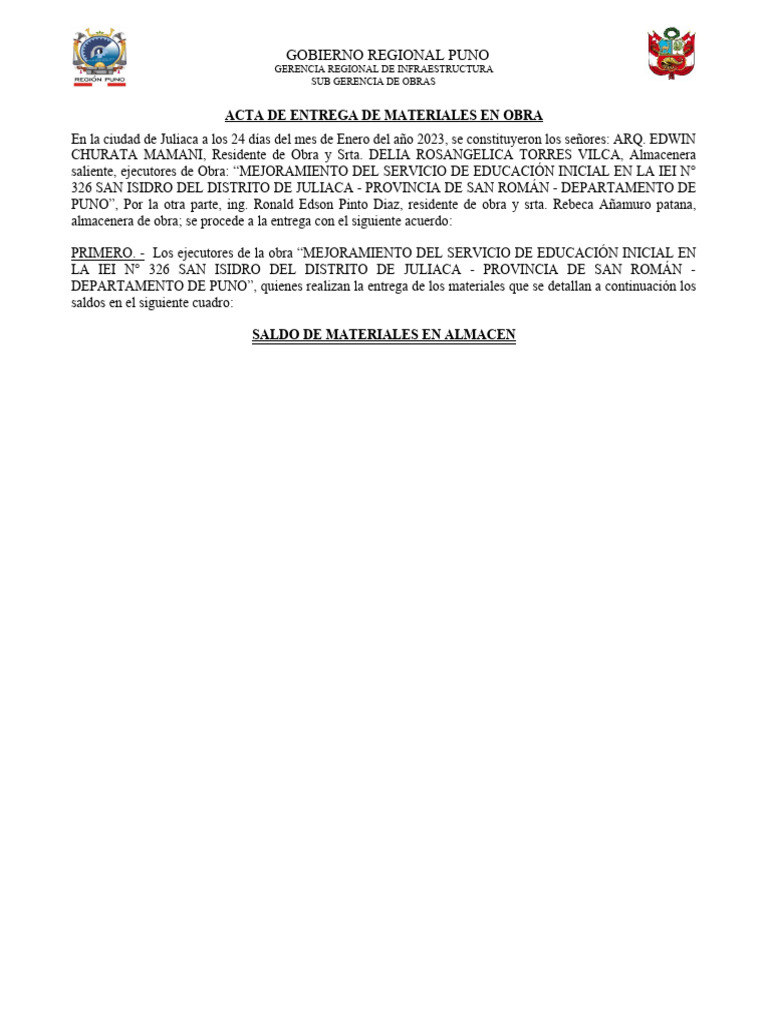 ACTA DE DEVOLUCION DE MATERIALES DE CONSTRUCCION | Descargar gratis PDF | Procesos industriales ...