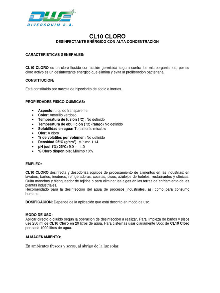 Ficha Tecnica CL10 Cloro | PDF | Agua | Cloro