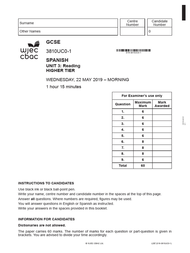 Gcse Wjec Spanish Past Paper | PDF | Ciencias de la Tierra