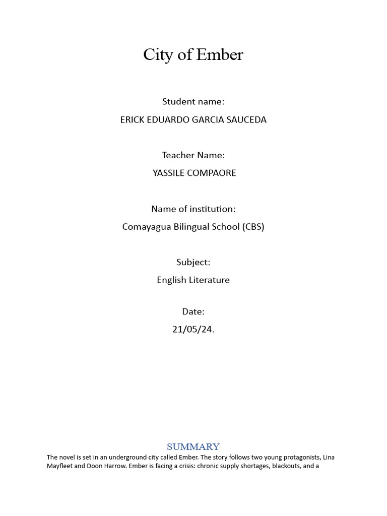 City of Ember: Student Name: Erick Eduardo Garcia Sauceda | PDF