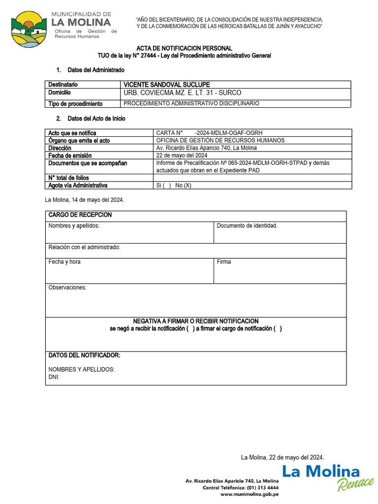 Notificación Procedimiento Disciplinario Vicente Sandoval | PDF | Documento de identidad | Gobierno